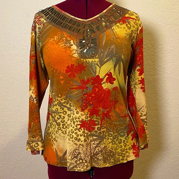 Multiples | Tops | Multiples Tan Blouse With Red Orange And Brown ...